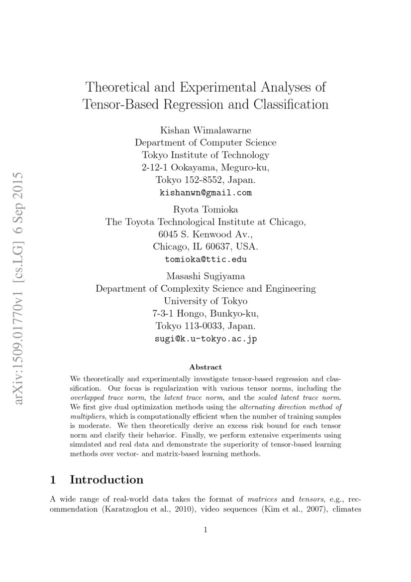 Theoretical And Experimental Analyses Of Tensor Based Regression And Classification Deepai