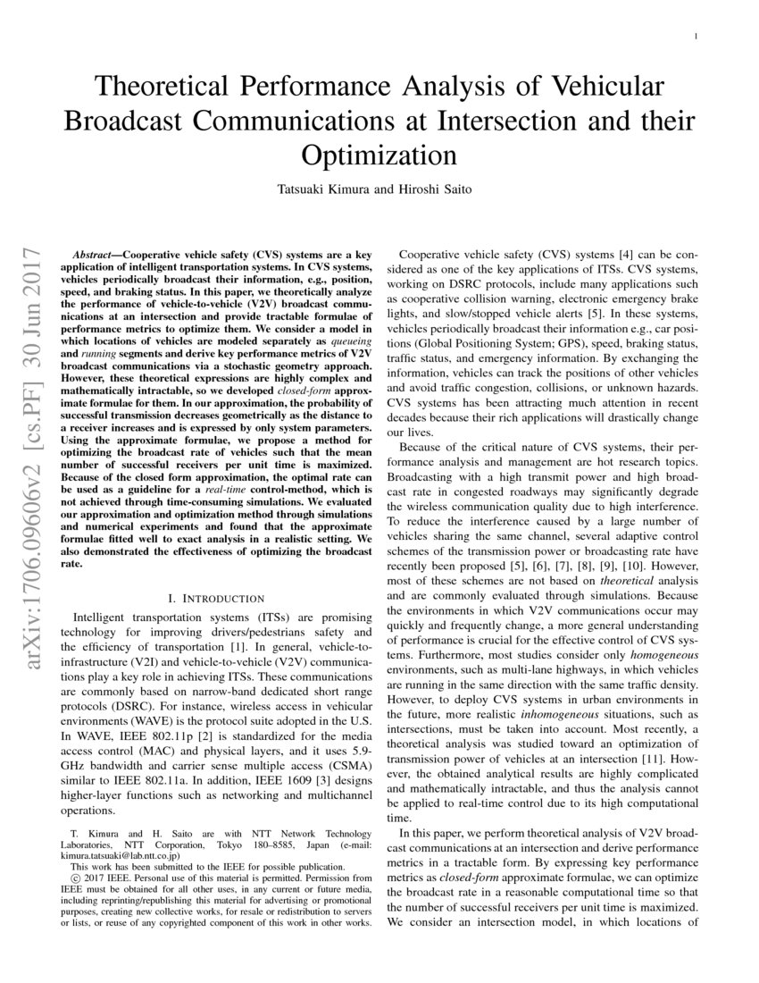 Theoretical Performance Analysis Of Vehicular Broadcast Communications At Intersection And Their