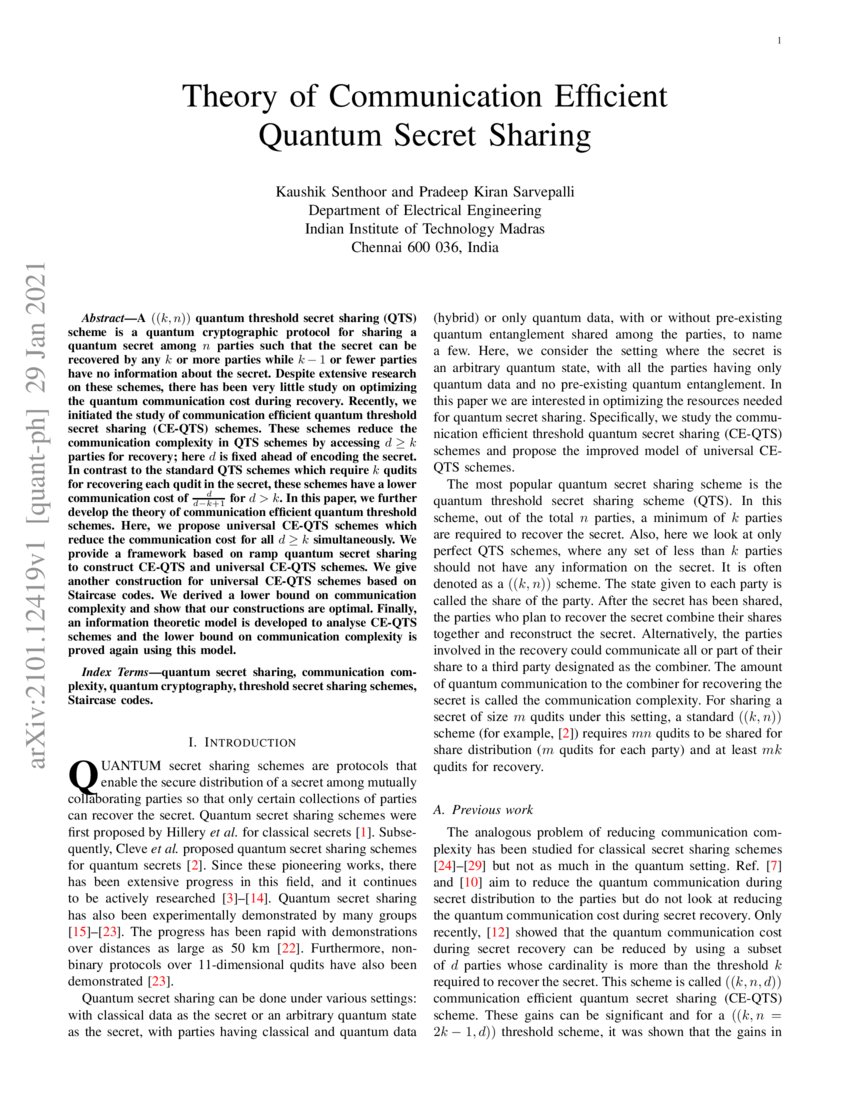 Theory of Communication Efficient Quantum Secret Sharing | DeepAI Theory of Communication Efficient Quantum Secret Sharing | DeepAI