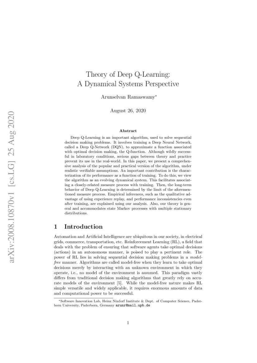 Theory of Deep Q-Learning: A Dynamical Systems Perspective | DeepAI