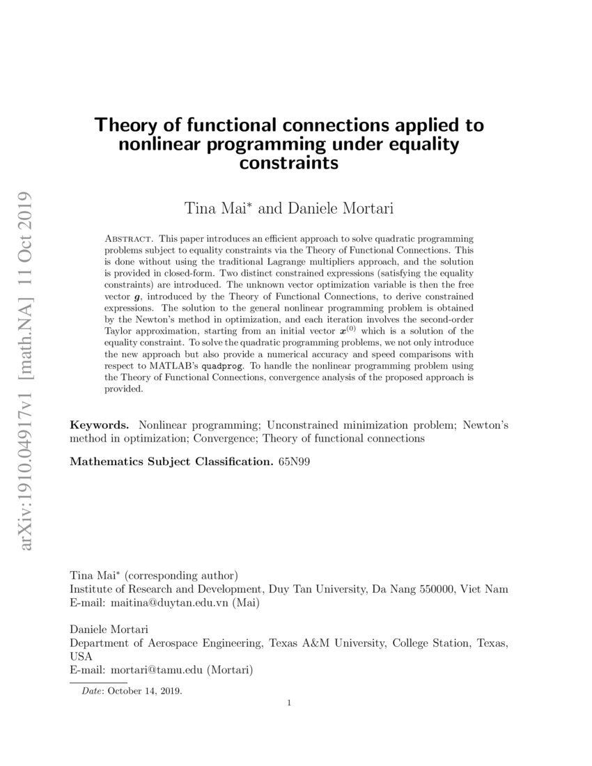 Theory of functional connections applied to nonlinear programming under equality constraints ...
