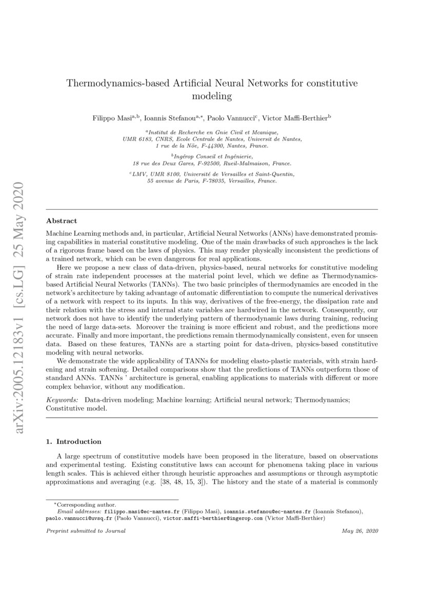 Thermodynamics-based Artificial Neural Networks for constitutive modeling | DeepAI