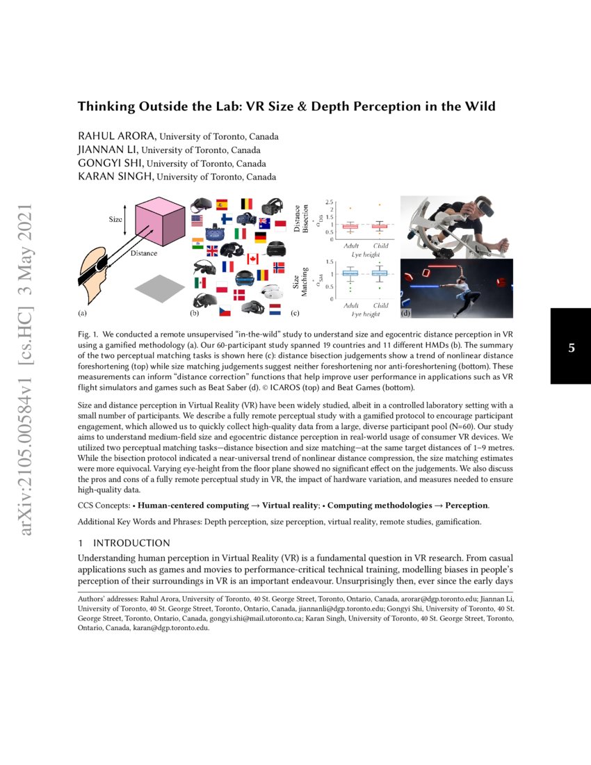Thinking Outside the Lab: VR Size Depth Perception in the Wild | DeepAI