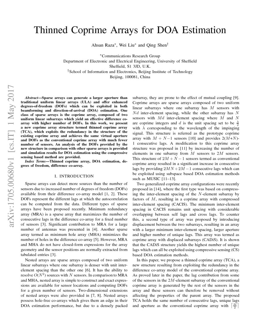 Thinned Coprime Arrays For Doa Estimation Deepai 
