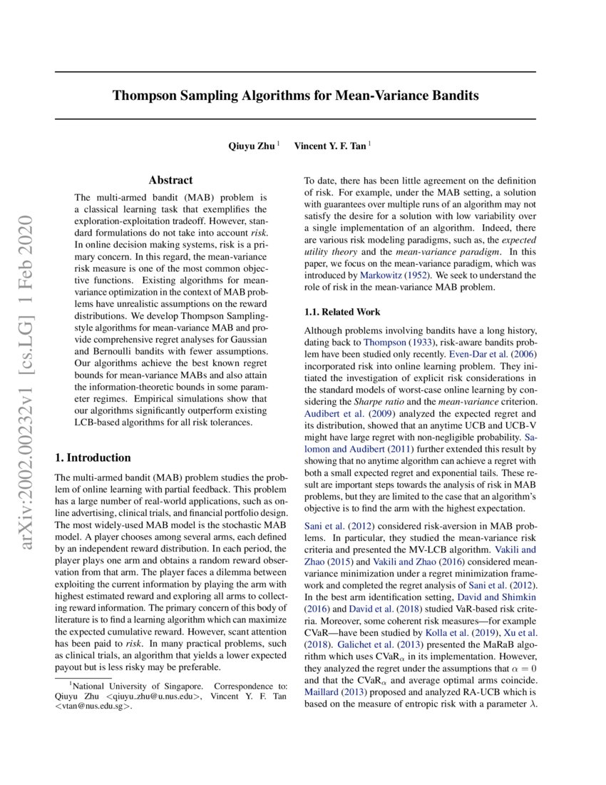 Thompson Sampling Algorithms for Mean-Variance Bandits | DeepAI