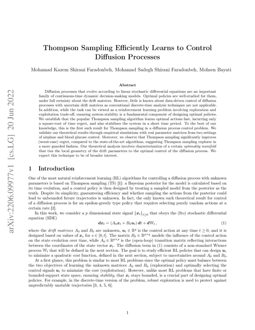 Thompson Sampling Efficiently Learns to Control Diffusion Processes | DeepAI