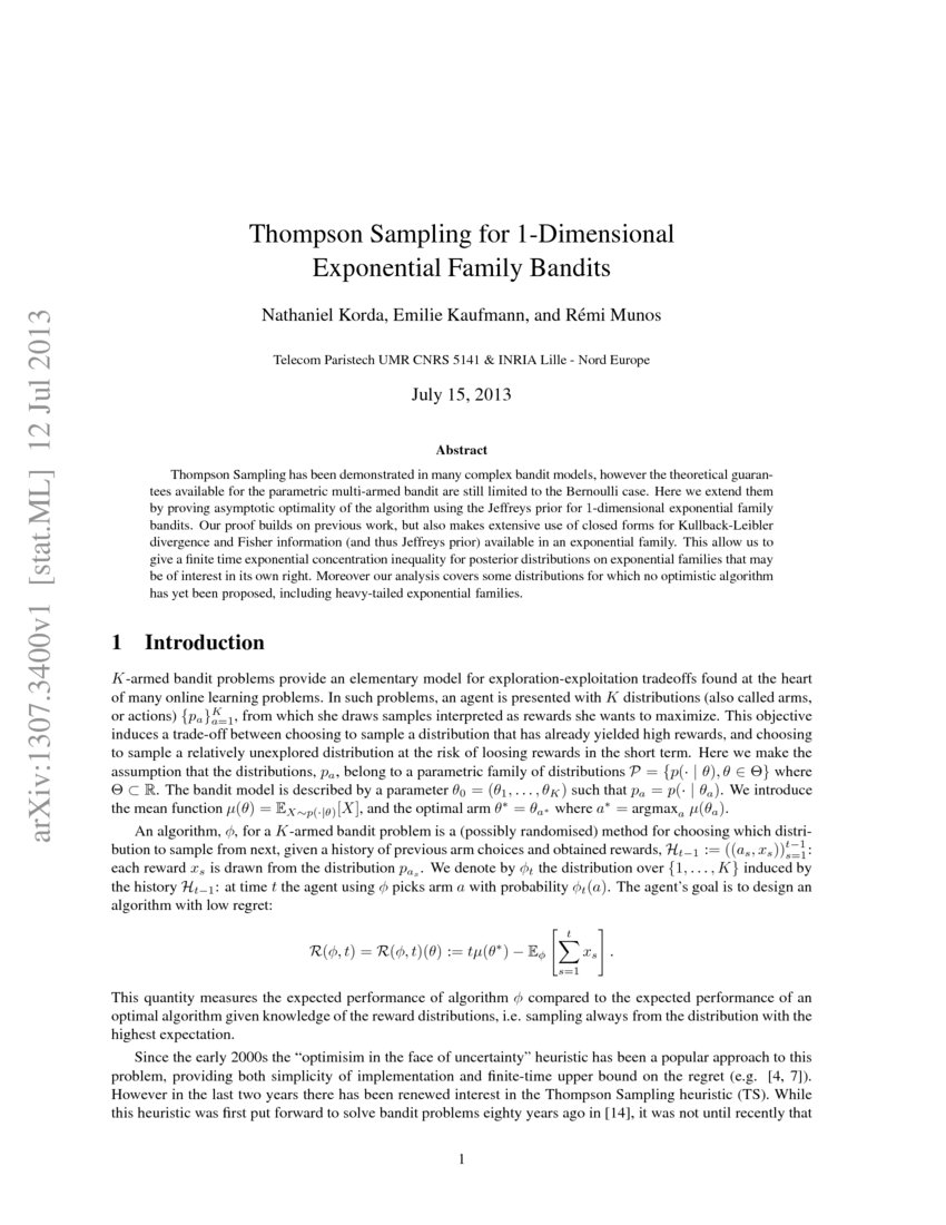 Thompson Sampling for 1-Dimensional Exponential Family Bandits | DeepAI