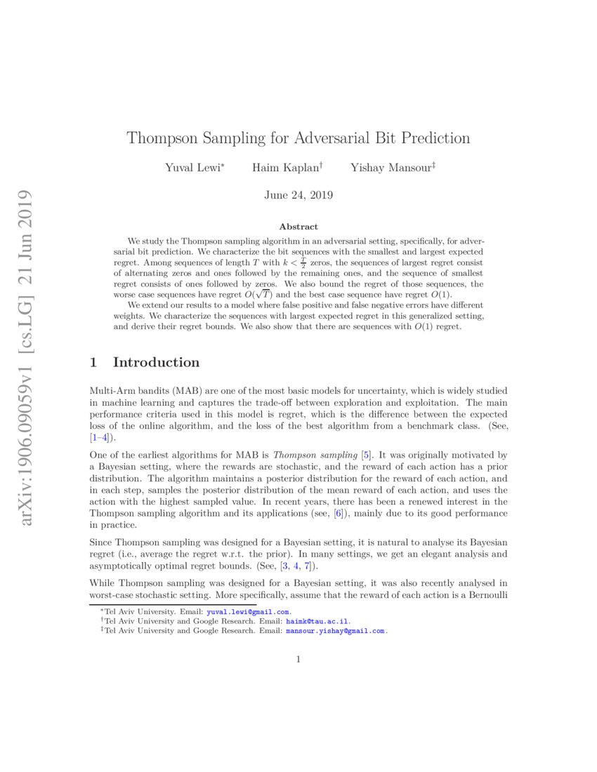 Thompson Sampling for Adversarial Bit Prediction | DeepAI