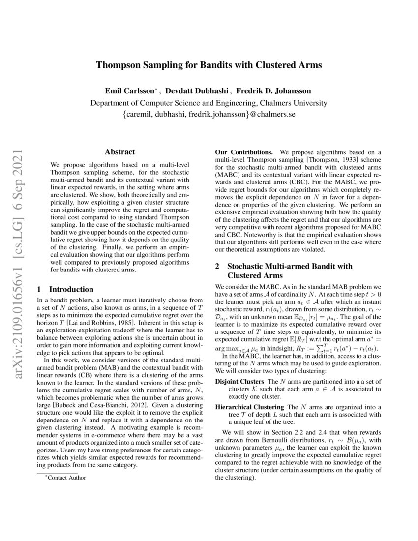 Thompson Sampling for Bandits with Clustered Arms | DeepAI