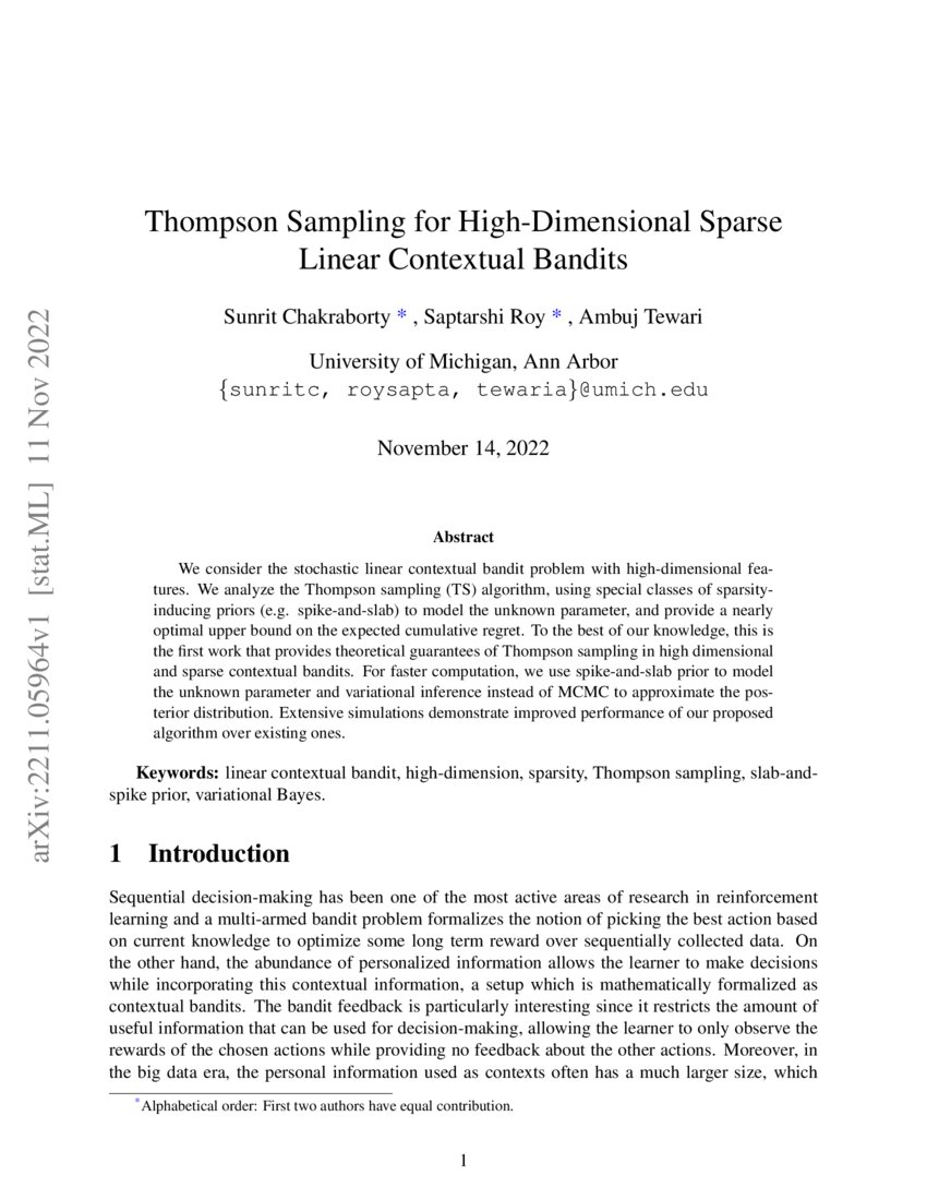 Thompson Sampling For High Dimensional Sparse Linear Contextual Bandits Deepai 1560
