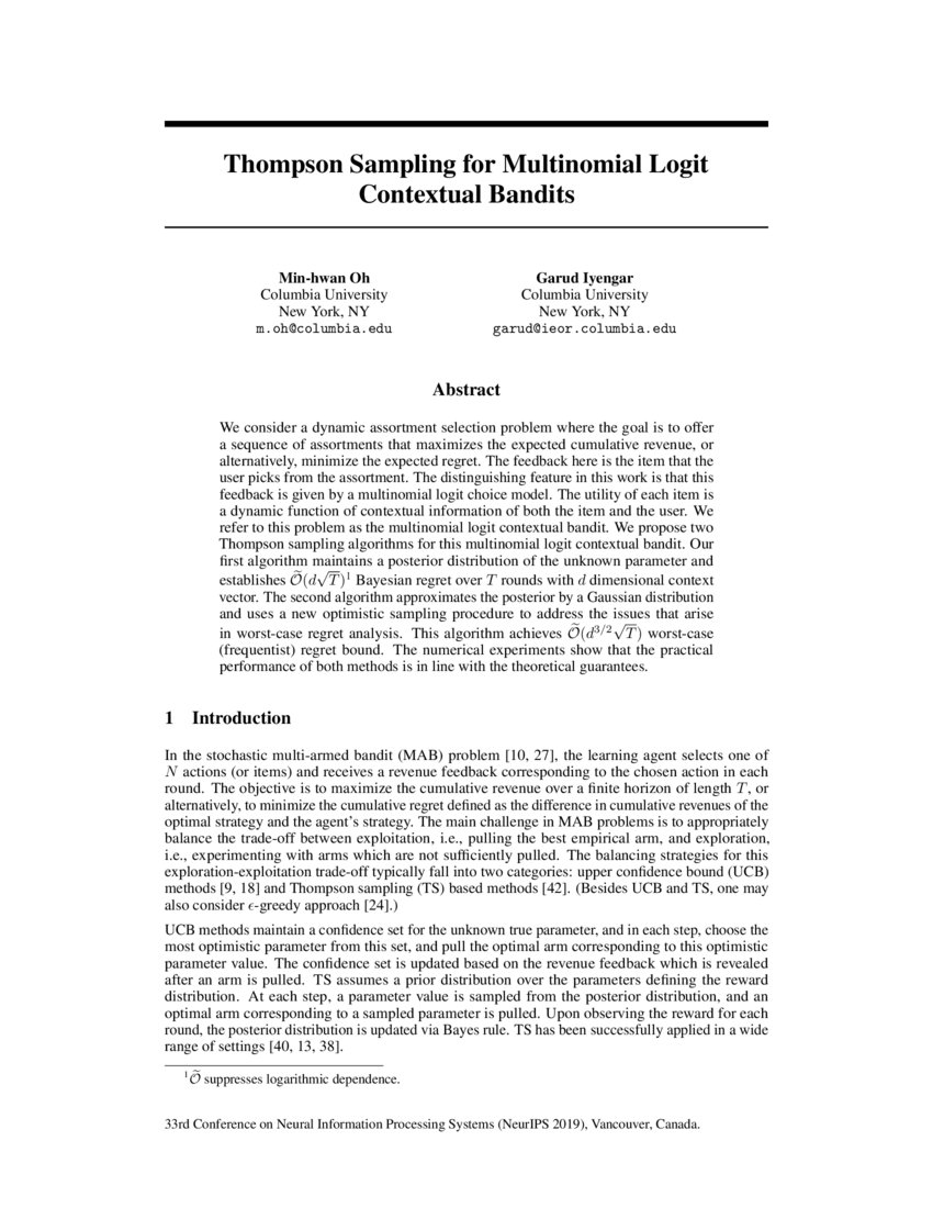 Thompson Sampling for Multinomial Logit Contextual Bandits | DeepAI