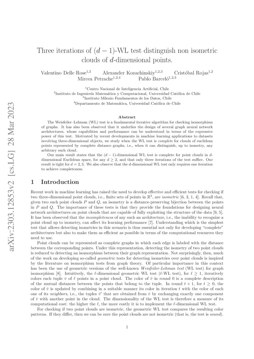 Three iterations of (d-1)-WL test distinguish non isometric clouds of d ...