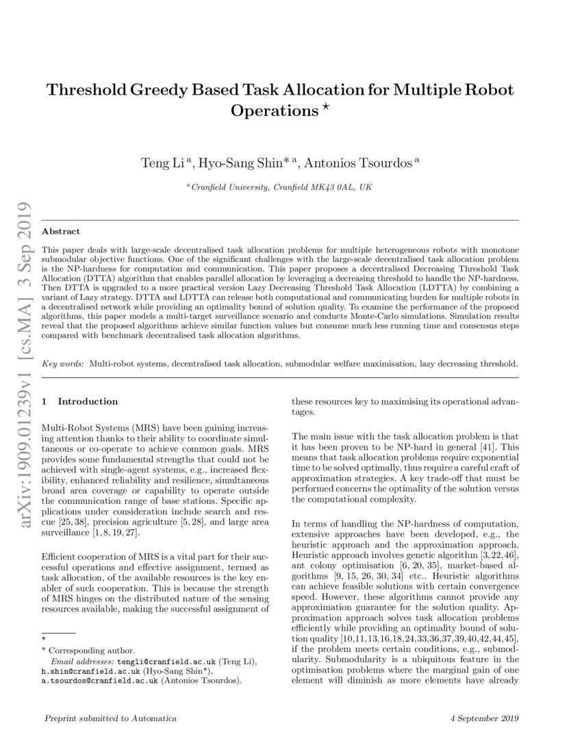 Threshold Greedy Based Task Allocation For Multiple Robot Operations Deepai
