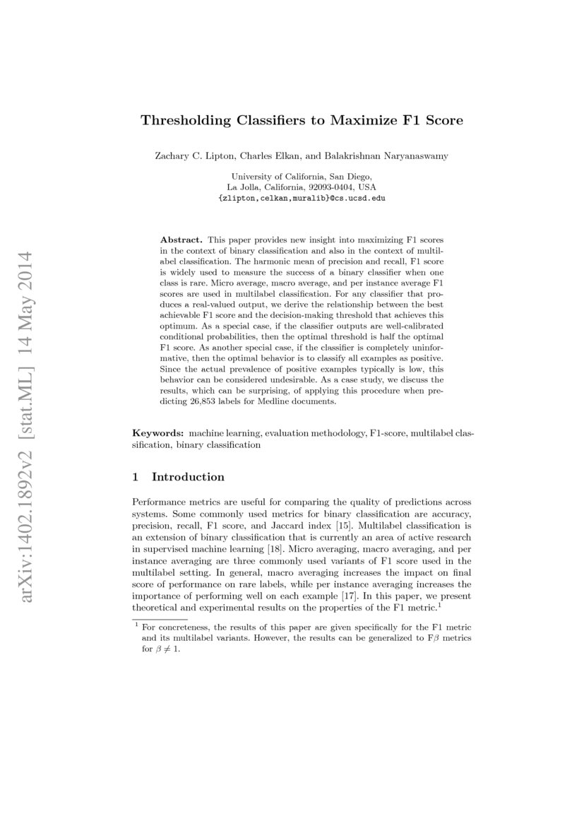Thresholding Classifiers to Maximize F1 Score | DeepAI