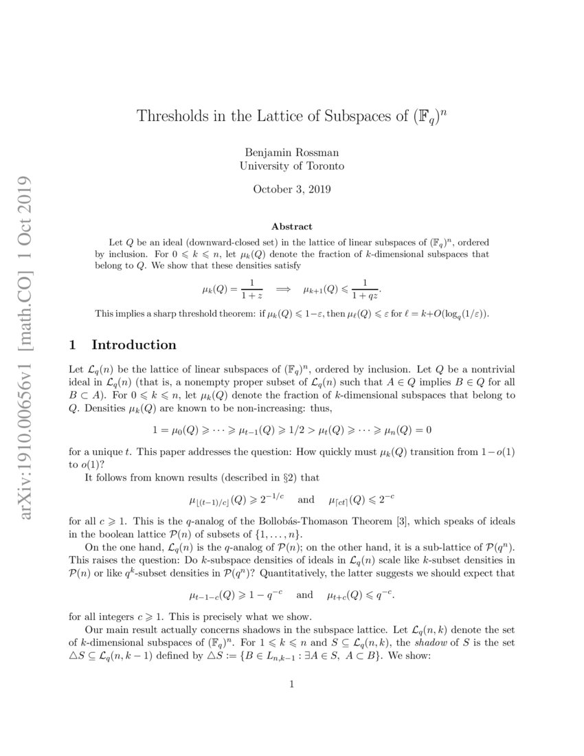 Thresholds in the Lattice of Subspaces of (F_q)^n | DeepAI