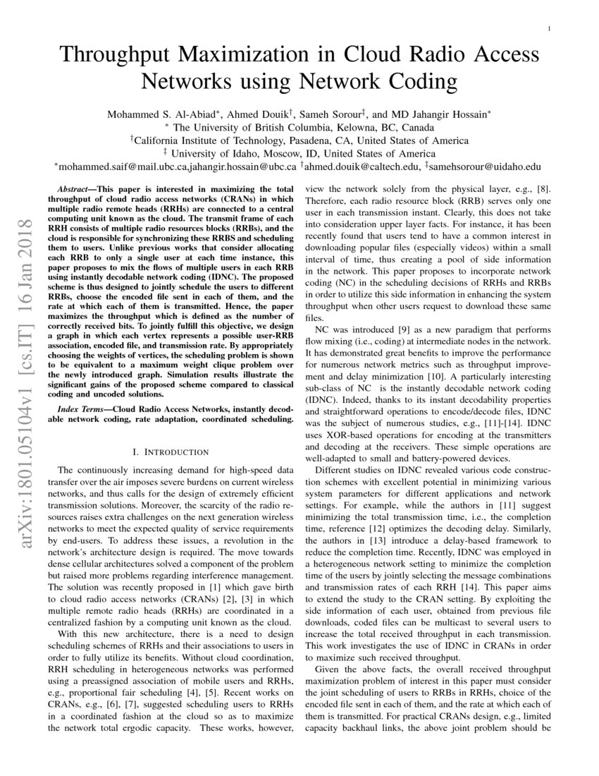 Throughput Maximization In Cloud Radio Access Networks Using Network Coding Deepai