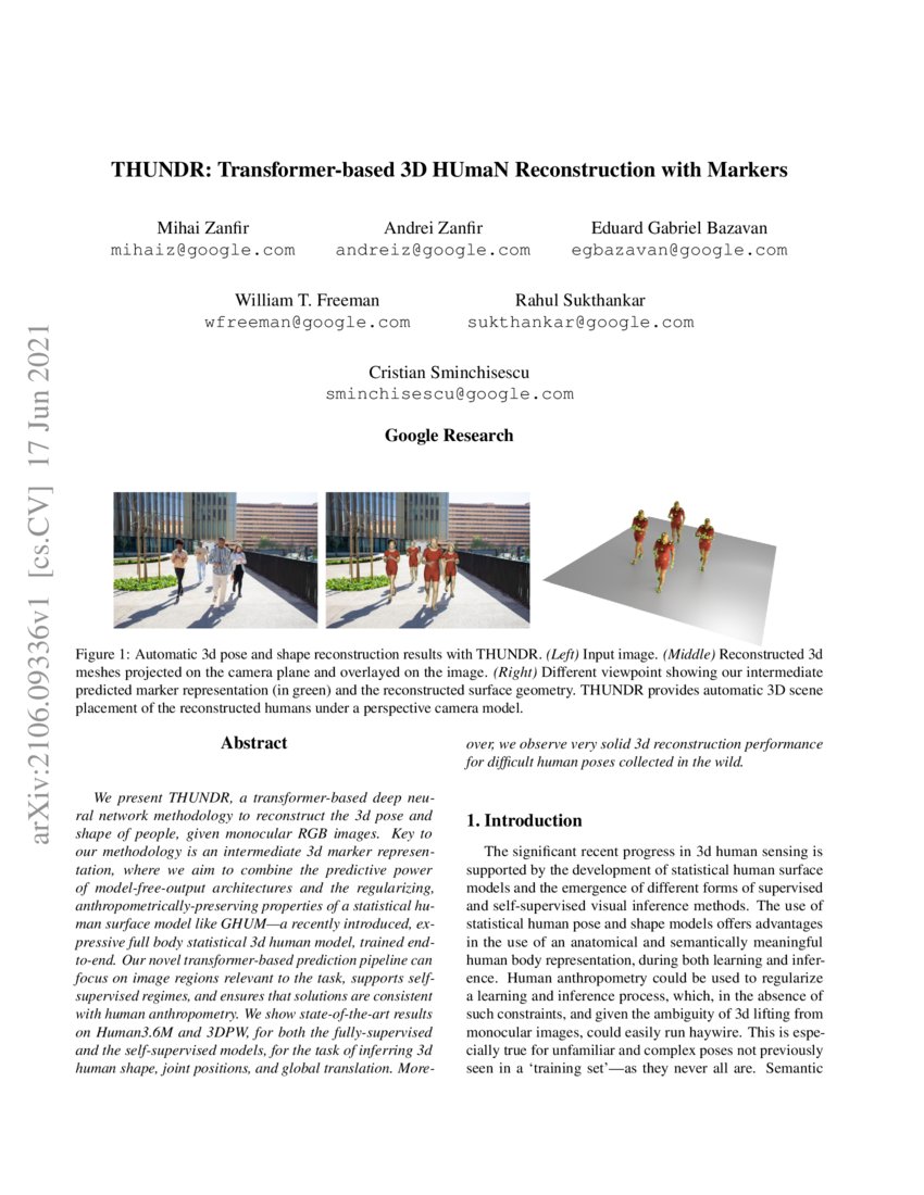 THUNDR: Transformer-based 3D HUmaN Reconstruction with Markers | DeepAI