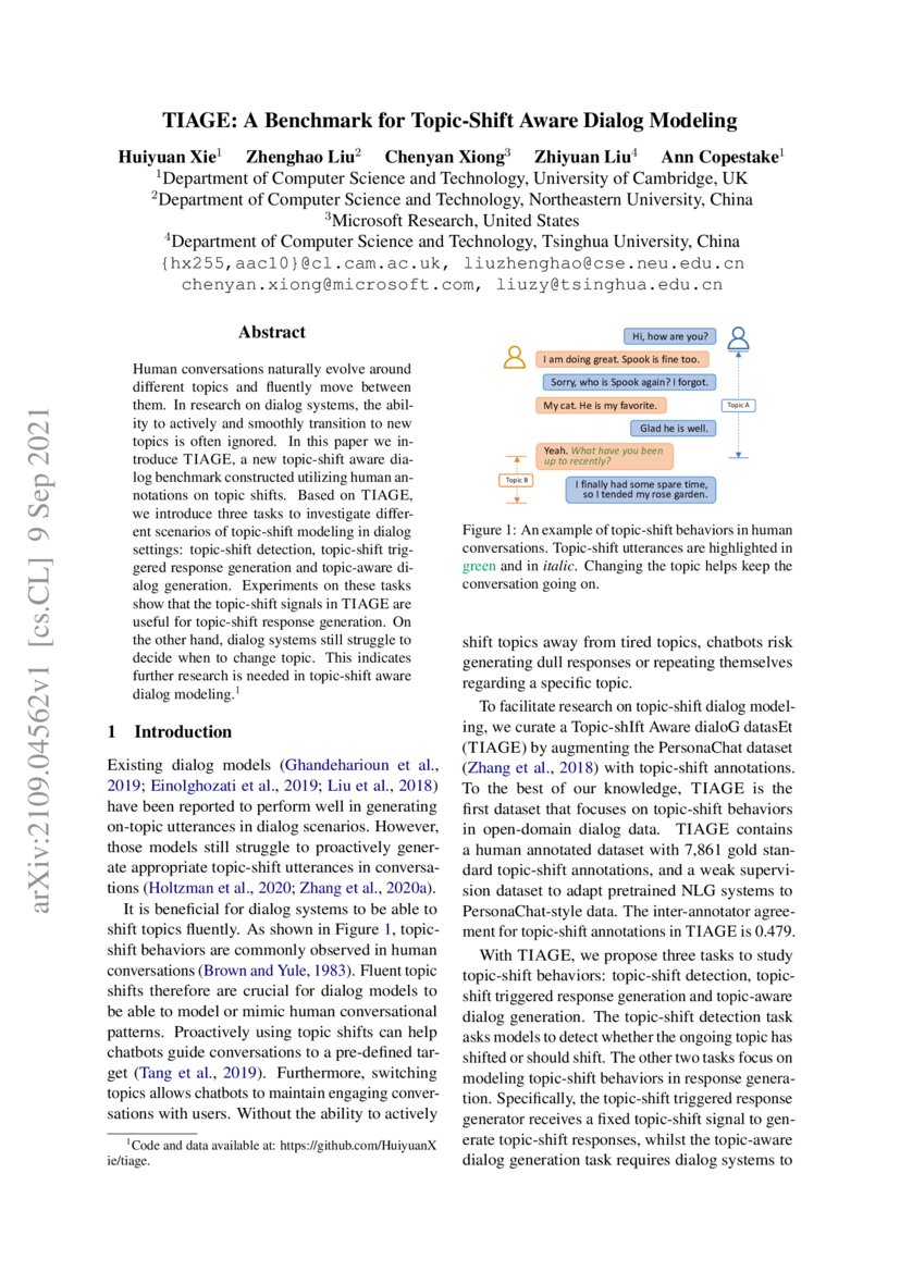 TIAGE: A Benchmark for Topic-Shift Aware Dialog Modeling | DeepAI