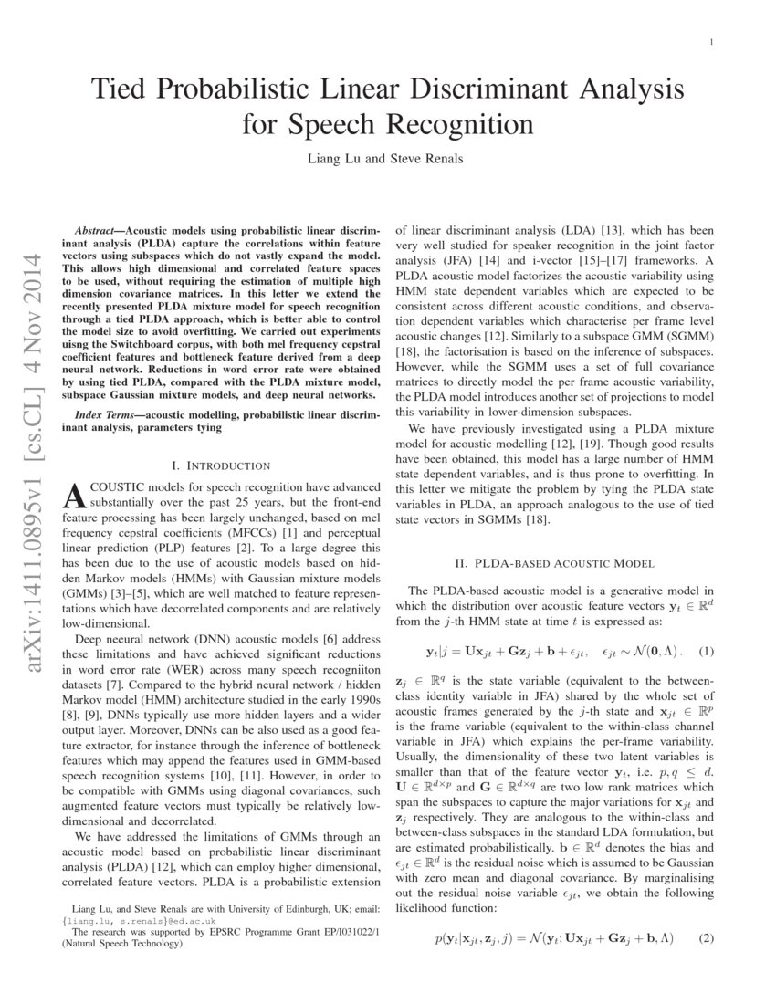 Tied Probabilistic Linear Discriminant Analysis for Speech Recognition ...