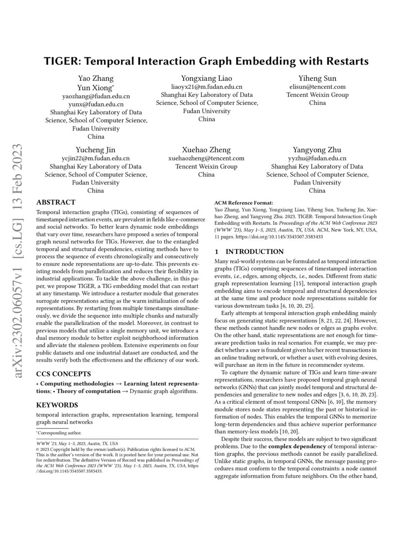 TIGER: Temporal Interaction Graph Embedding with Restarts | DeepAI TIGER: Temporal Interaction Graph Embedding with Restarts | DeepAI