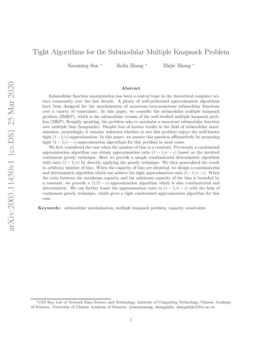 Tight Algorithms For The Submodular Multiple Knapsack Problem Deepai 