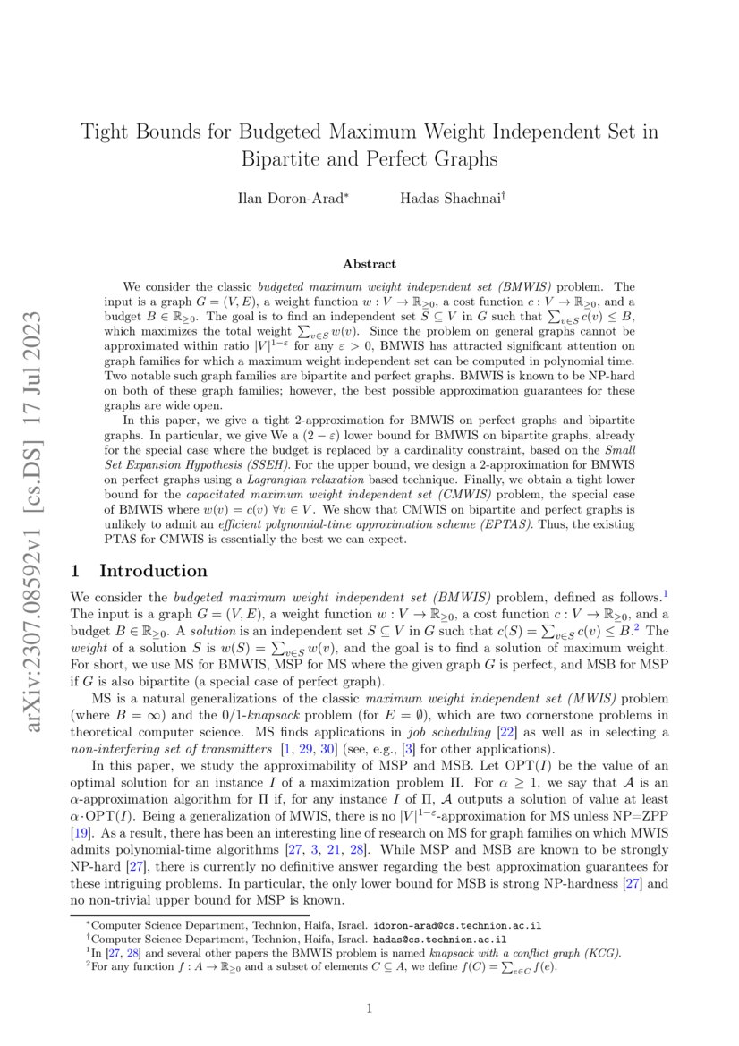 Tight Bounds For Budgeted Maximum Weight Independent Set In Bipartite And Perfect Graphs Deepai 