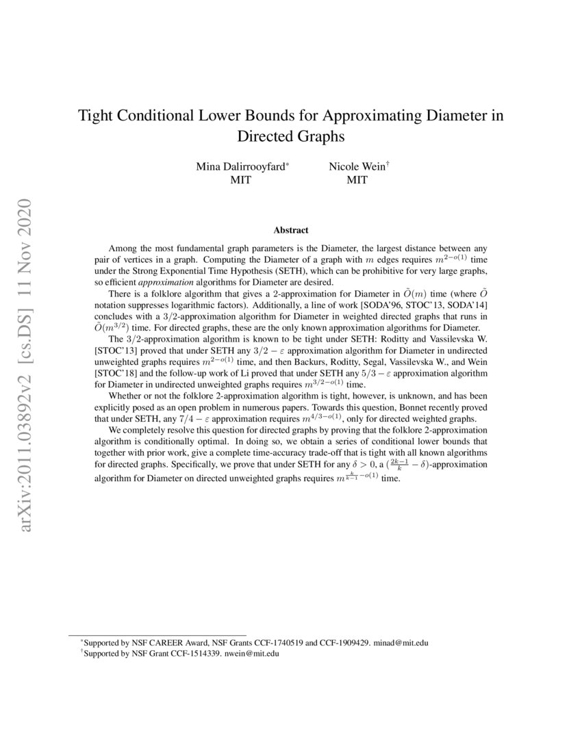 Tight Conditional Lower Bounds for Approximating Diameter in Directed Graphs | DeepAI