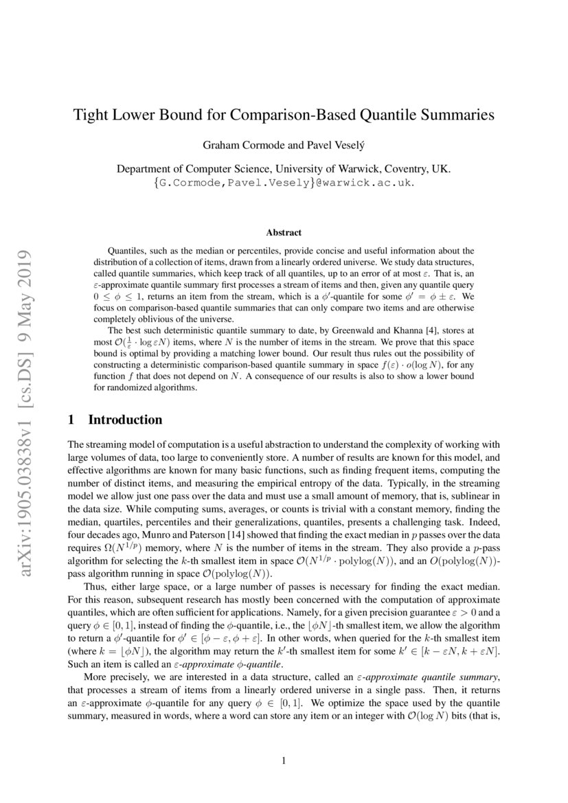 Tight Lower Bound for Comparison-Based Quantile Summaries | DeepAI