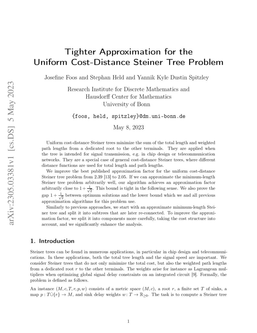 Tighter Approximation For The Uniform Cost Distance Steiner Tree Problem Deepai