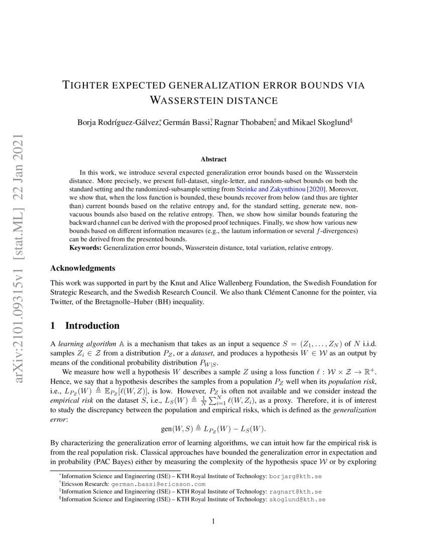 Tighter expected generalization error bounds via Wasserstein distance | DeepAI