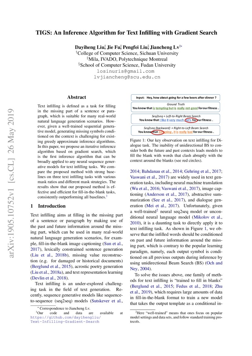 TIGS: An Inference Algorithm for Text Infilling with Gradient Search | DeepAI