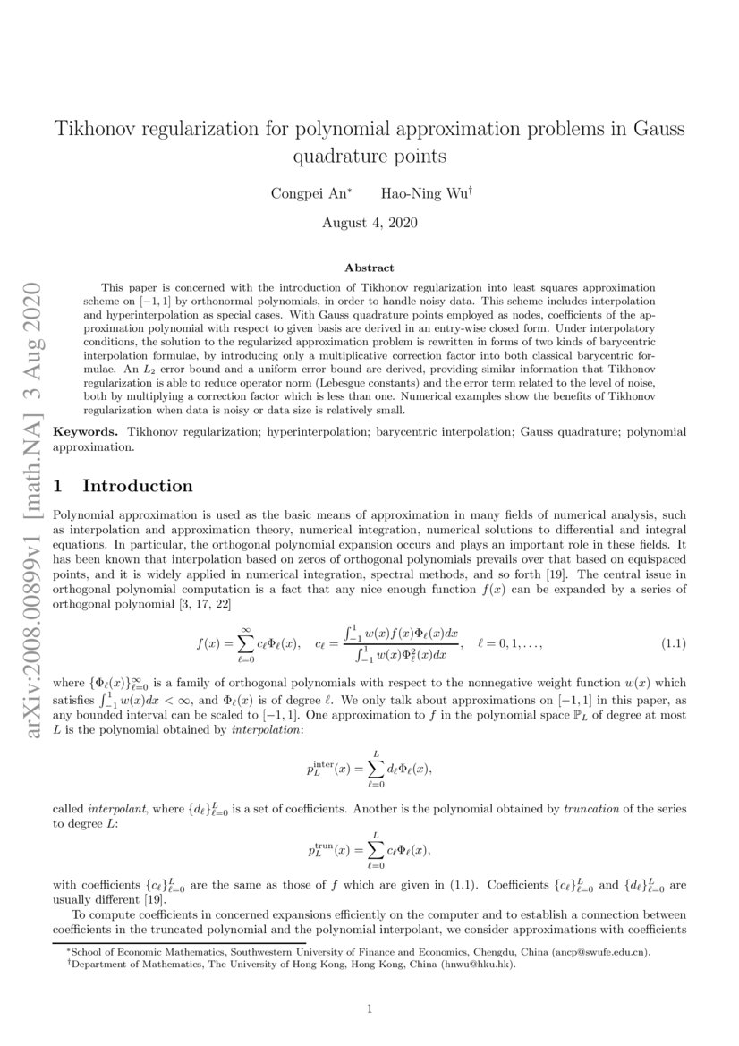 Tikhonov regularization for polynomial approximation problems in Gauss quadrature points | DeepAI