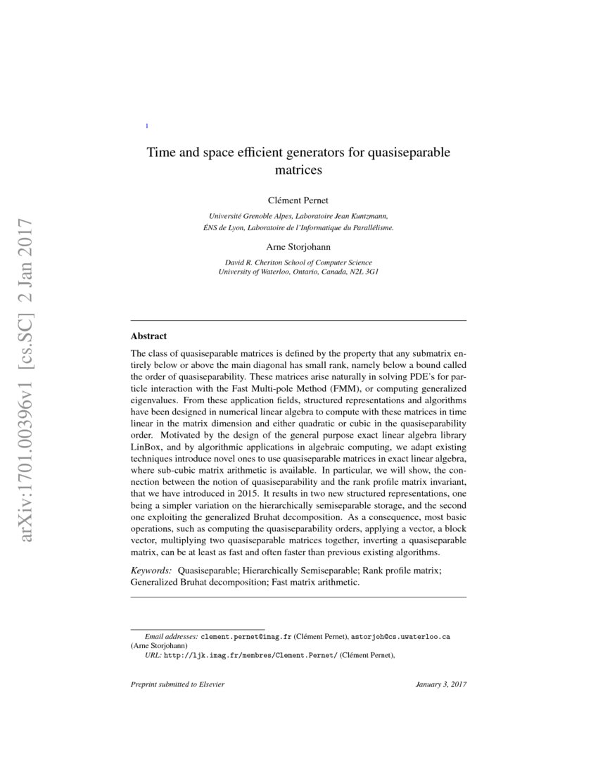 Time and space efficient generators for quasiseparable matrices | DeepAI
