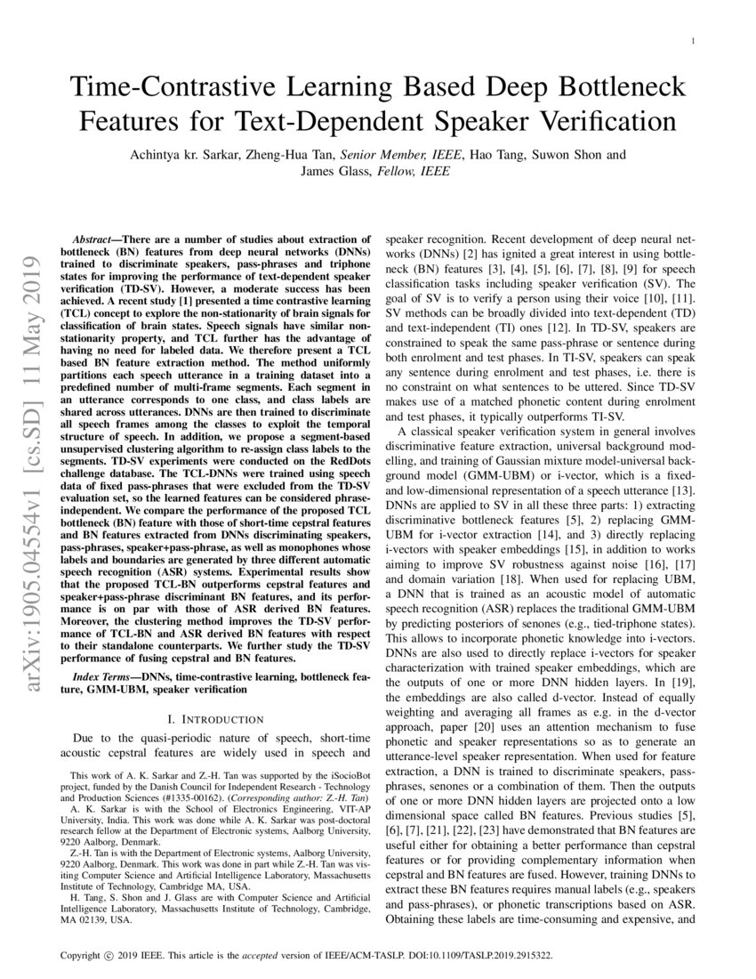Time-Contrastive Learning Based Deep Bottleneck Features for Text-Dependent Speaker Verification ...