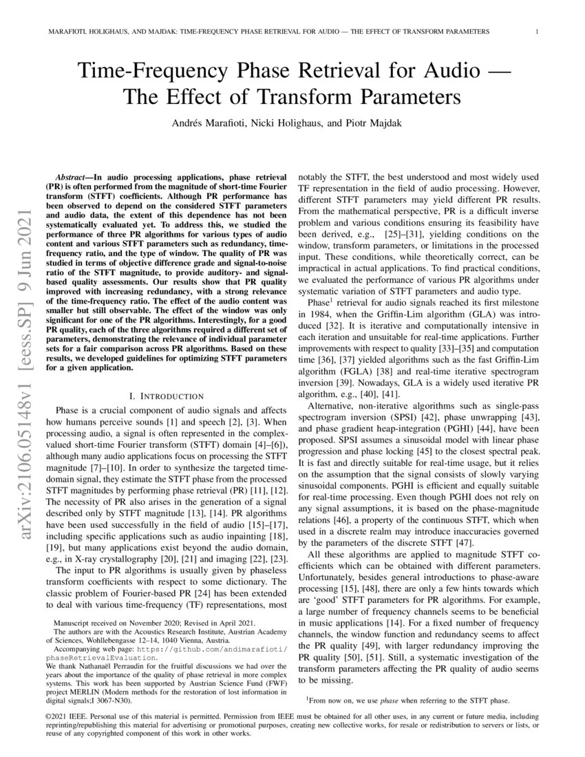 Time Frequency Phase Retrieval For Audio The Effect Of Transform Parameters Deepai