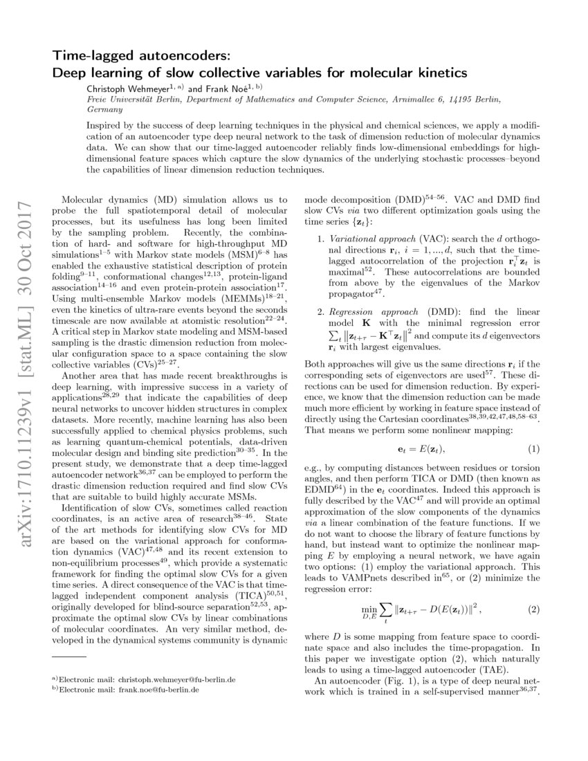 Time-lagged autoencoders: Deep learning of slow collective variables for molecular kinetics | DeepAI