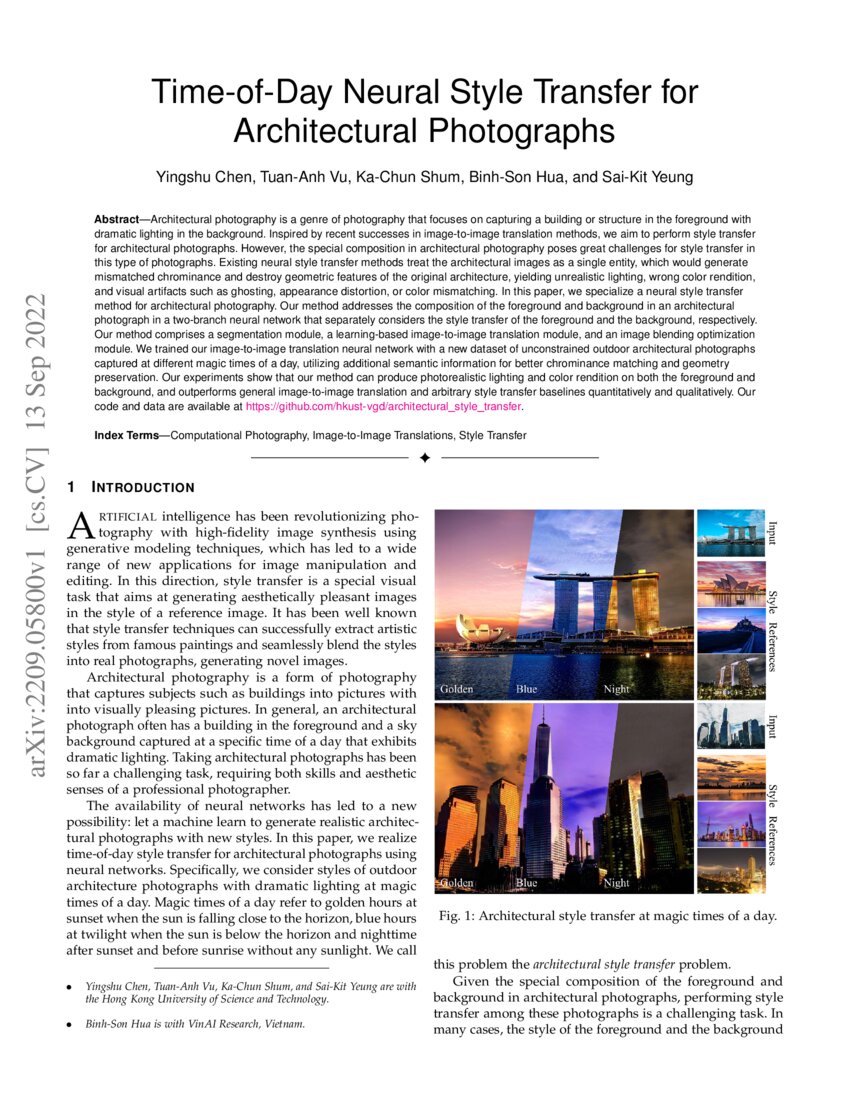 Time-of-Day Neural Style Transfer for Architectural Photographs | DeepAI