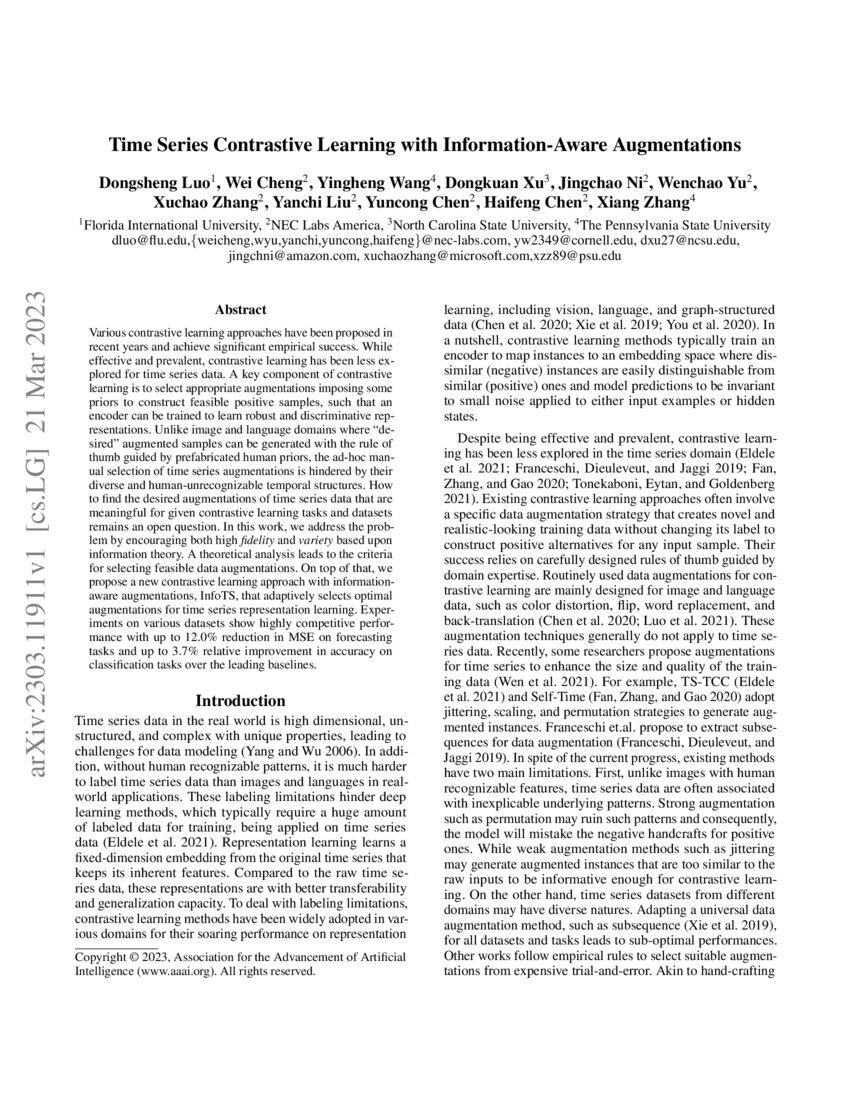 Time Series Contrastive Learning With Information Aware Augmentations