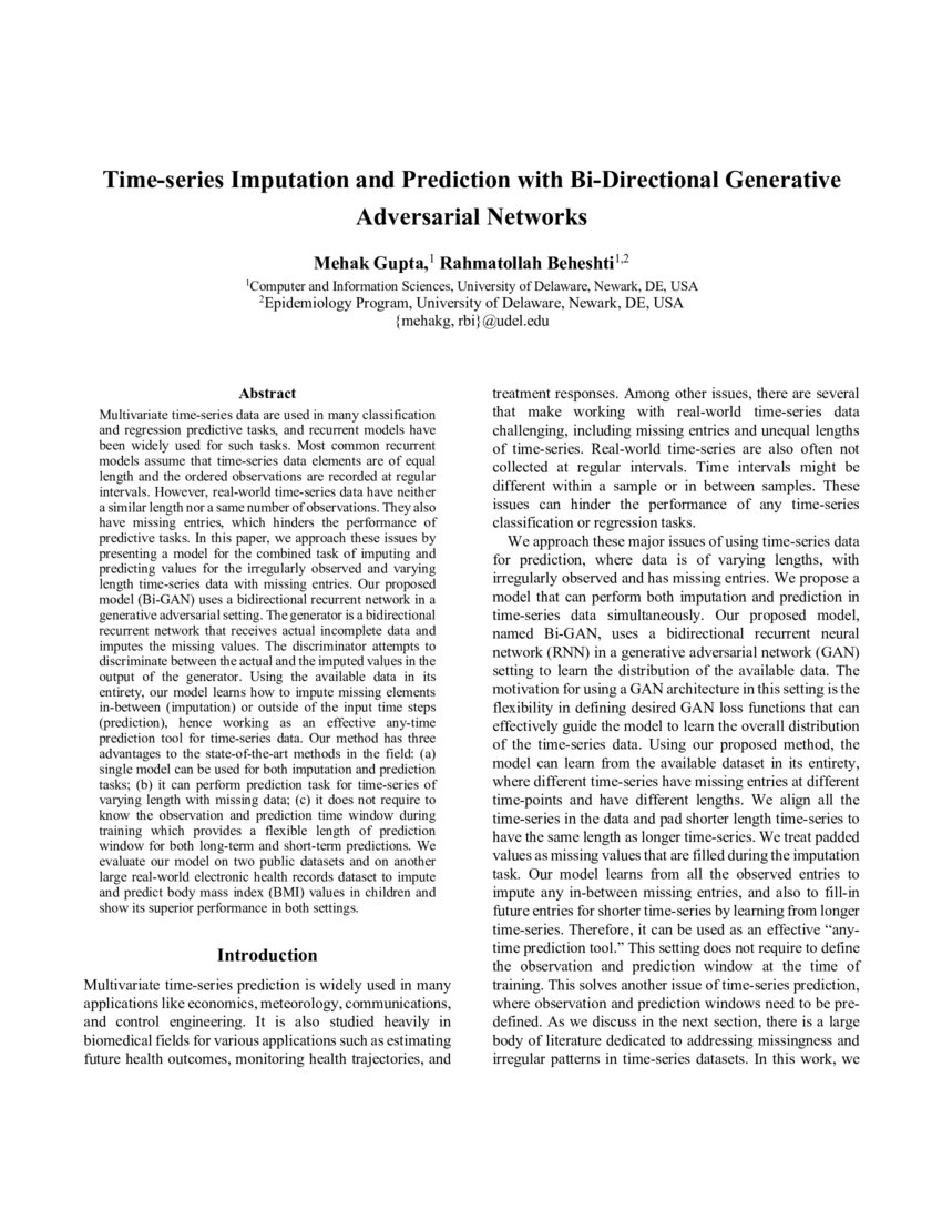 Time Series Imputation And Prediction With Bi Directional Generative
