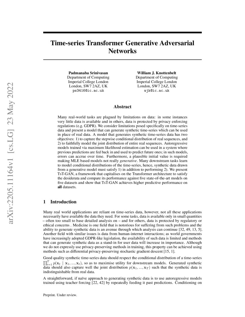 Time Series Transformer Generative Adversarial Networks Deepai
