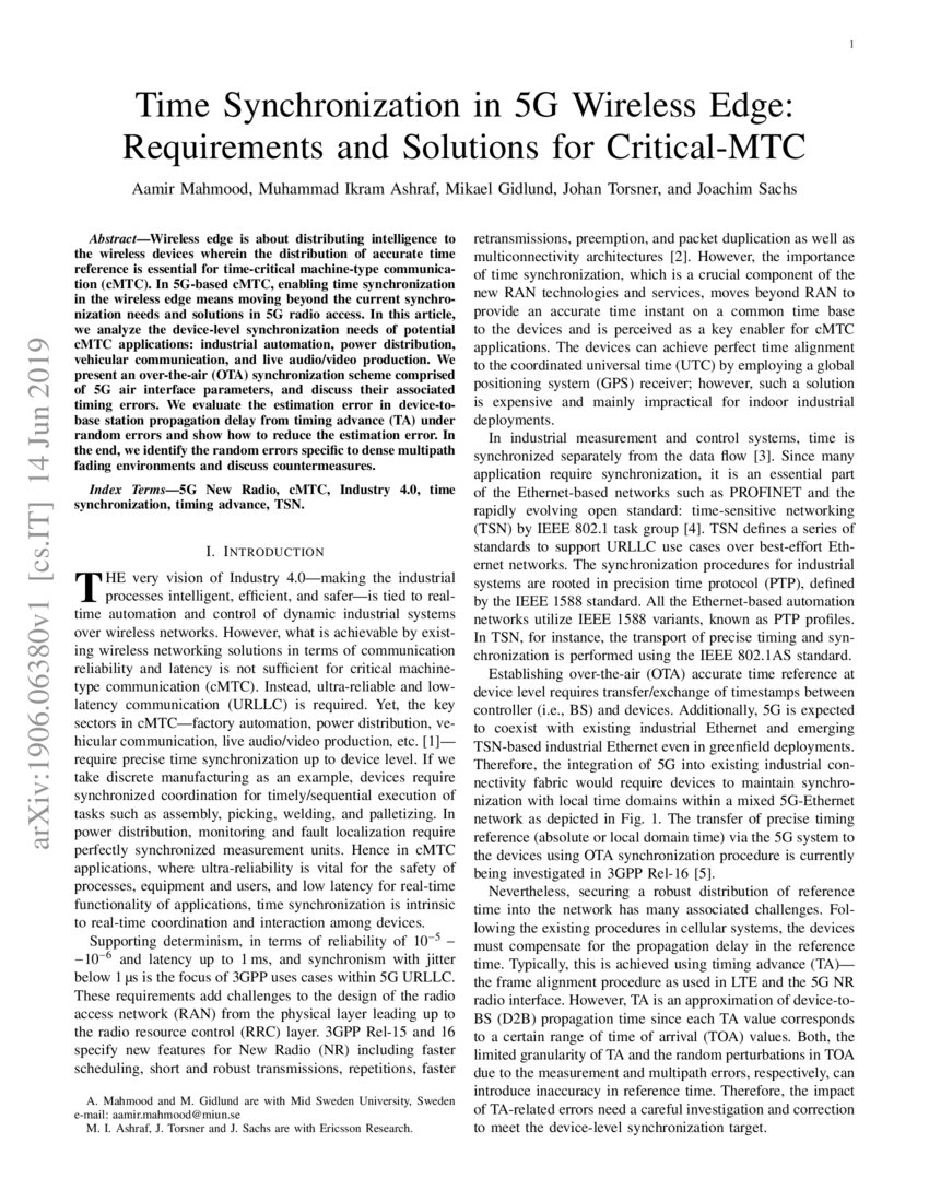 Time Synchronization In 5g Wireless Edge Requirements And Solutions For Critical Mtc Deepai
