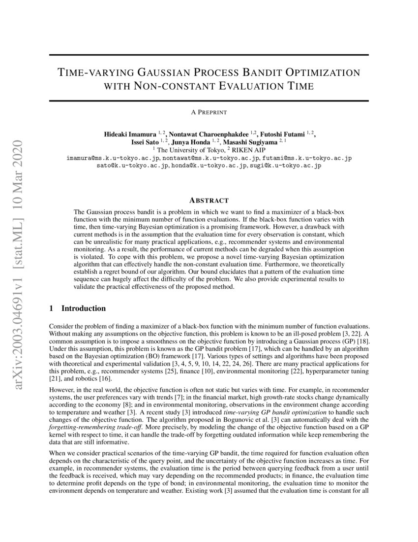 Time Varying Gaussian Process Bandit Optimization With Non Constant Evaluation Time Deepai