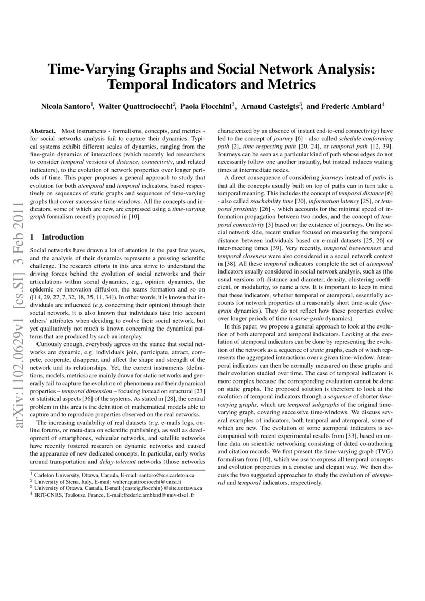 Time-Varying Graphs and Social Network Analysis: Temporal Indicators and Metrics | DeepAI