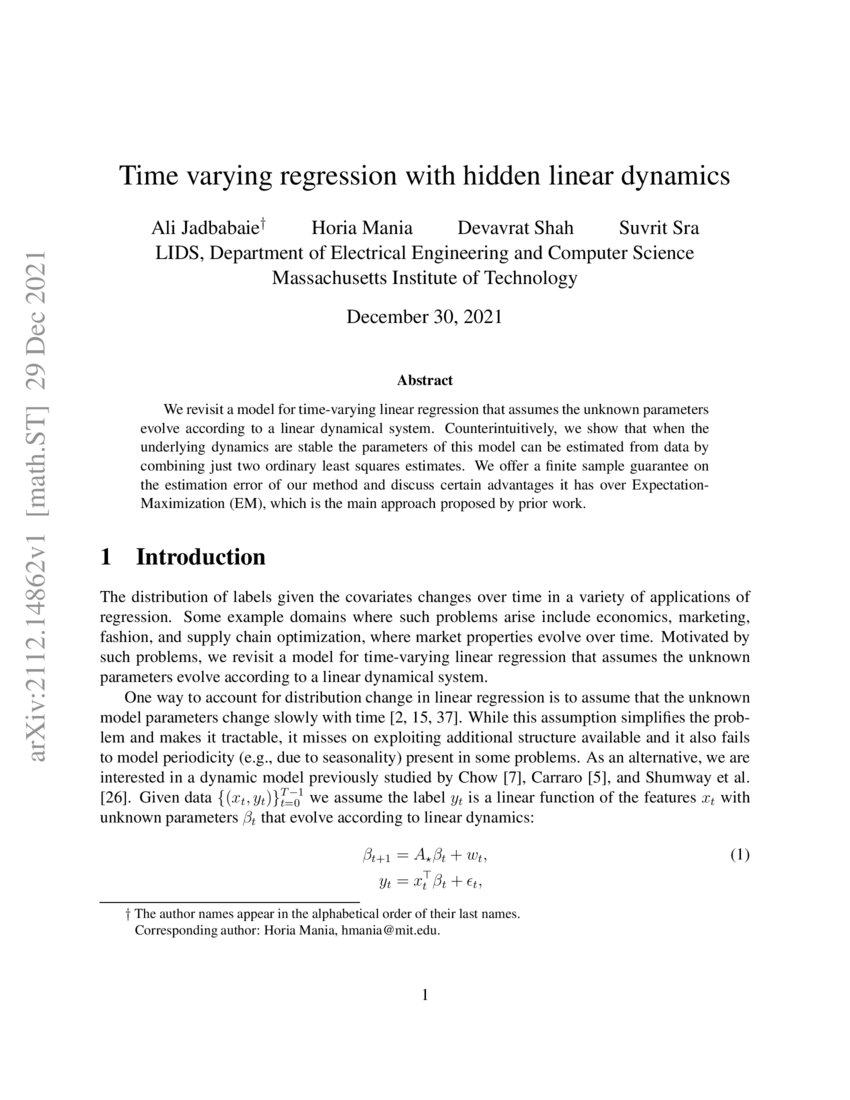 Time Varying Regression With Hidden Linear Dynamics Deepai
