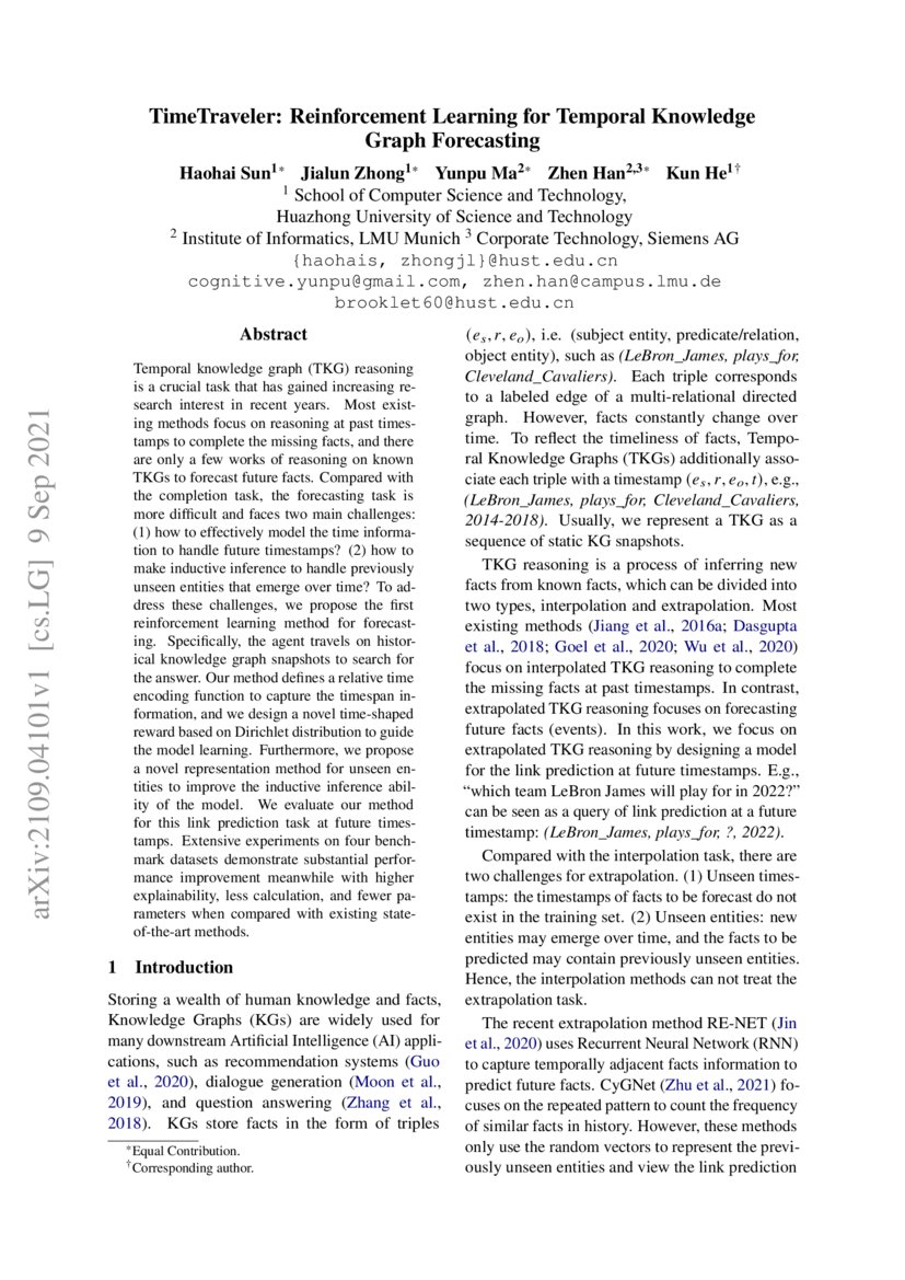 TimeTraveler: Reinforcement Learning for Temporal Knowledge Graph Forecasting | DeepAI