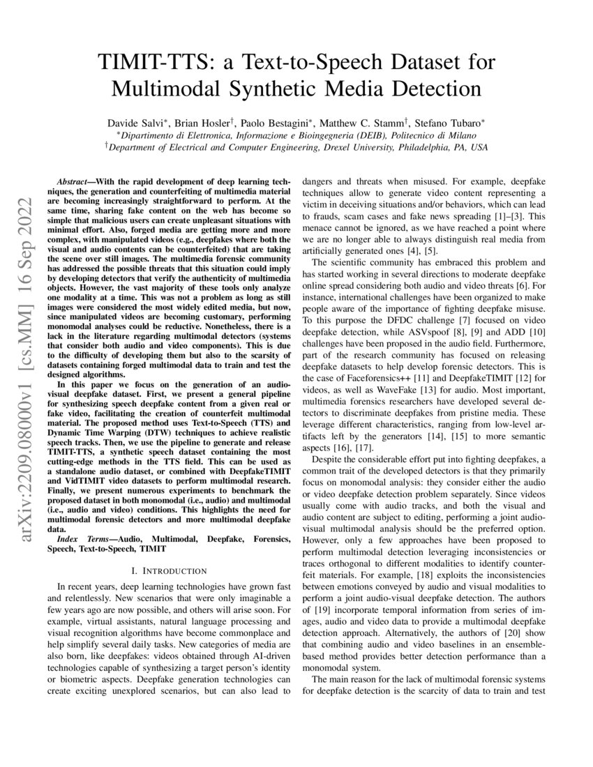 TIMIT-TTS: a Text-to-Speech Dataset for Multimodal Synthetic Media Detection | DeepAI