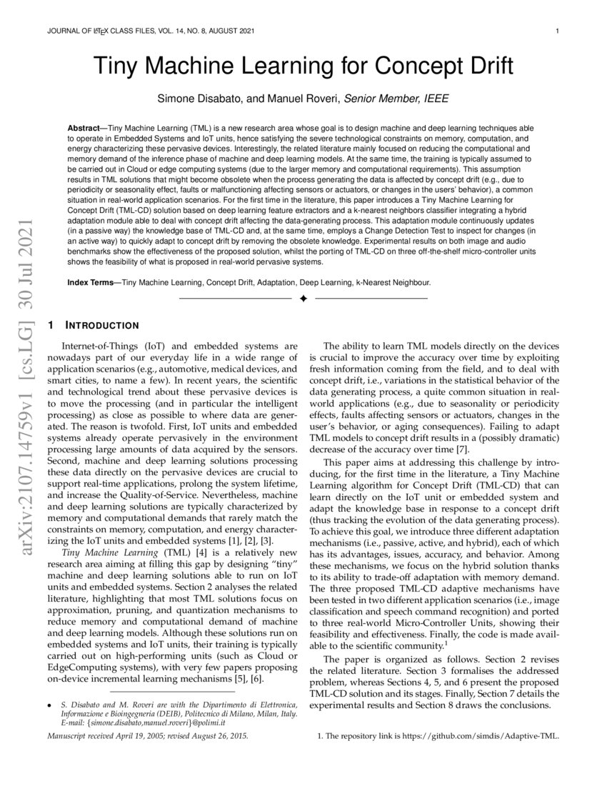 Tiny Machine Learning for Concept Drift | DeepAI
