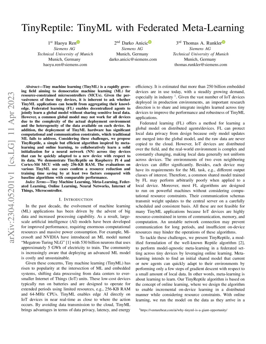 TinyReptile: TinyML with Federated Meta-Learning | DeepAI