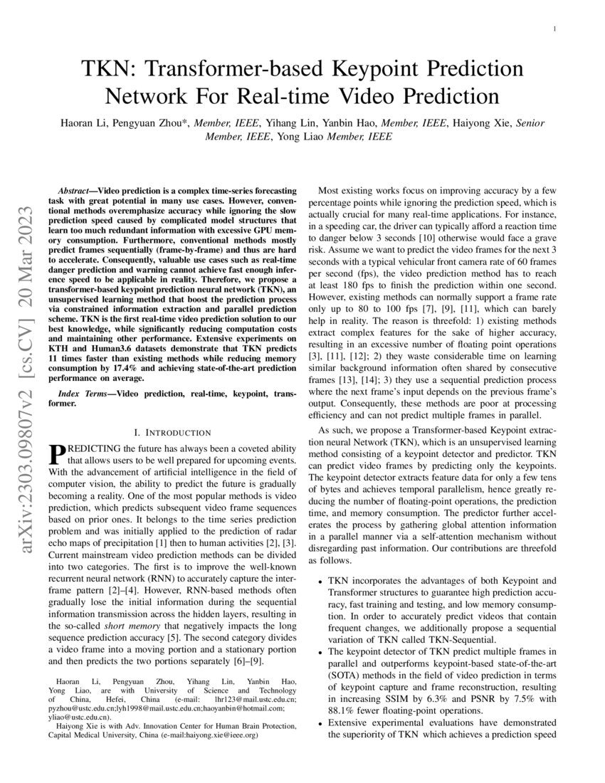 TKN: Transformer-based Keypoint Prediction Network For Real-time Video Prediction | DeepAI