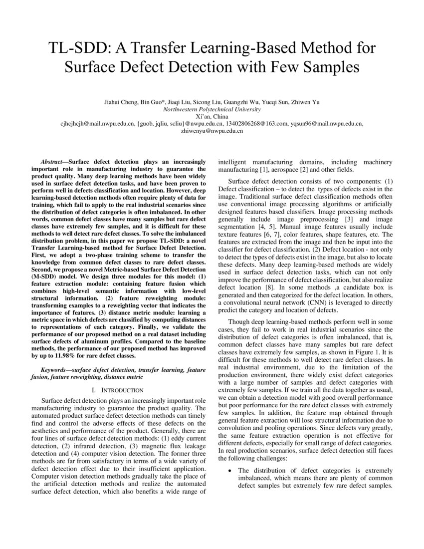 Tl Sdd A Transfer Learning Based Method For Surface Defect Detection With Few Samples Deepai